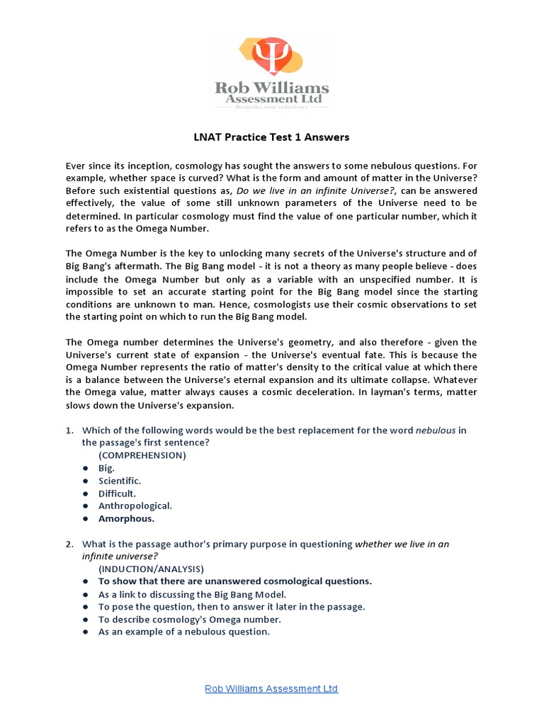 LNAT Practice Test 1 Answers | PDF | Universe | Big Bang