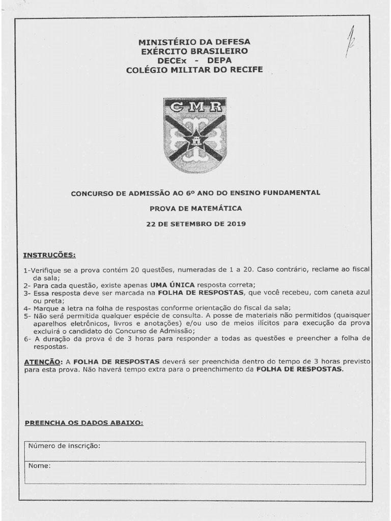 Prova Mat Concurso 2019-2020 - 6 Ano EF | PDF