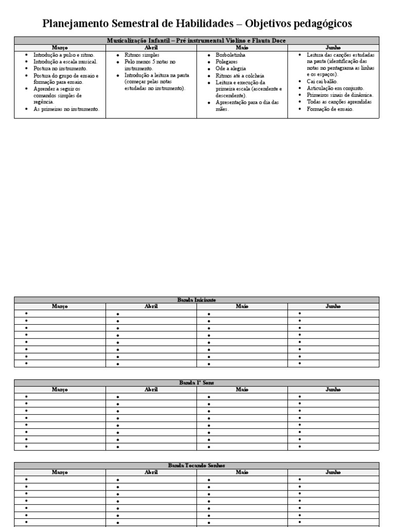 Planejamento Semestral de Habilidades - Objetivos Pedagógicos | PDF | Entretenimento ...
