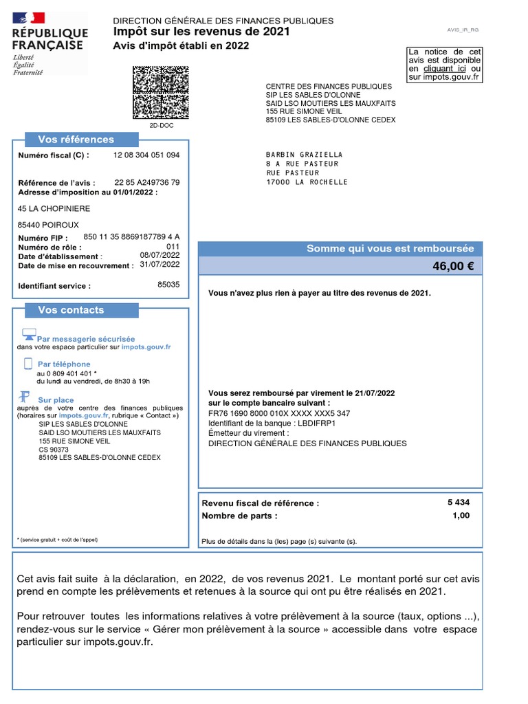 Avis d'imposition 2022 : Détails et remboursement | PDF | Impôt sur le revenu | Revenus