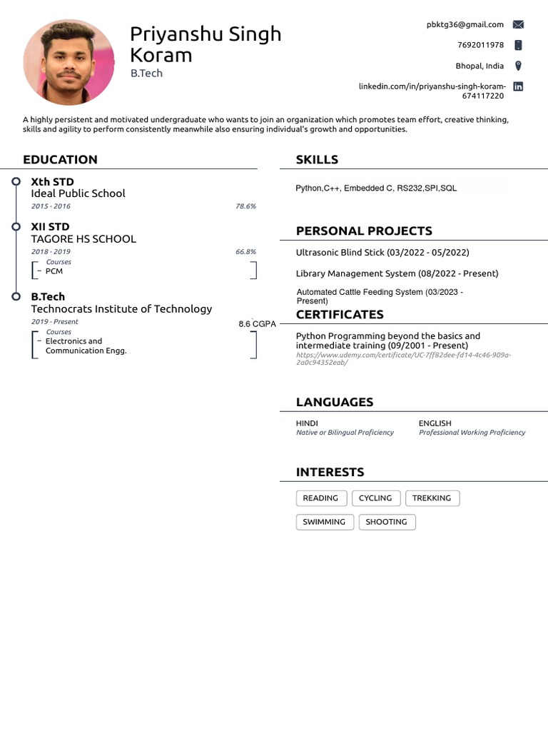 B.Tech Student Profile: Priyanshu Singh | PDF