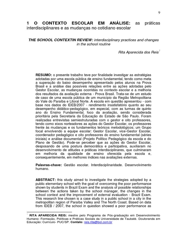 O CONTEXTO ESCOLAR EM ANÁLISE: As Práticas Interdisciplinares e As ...