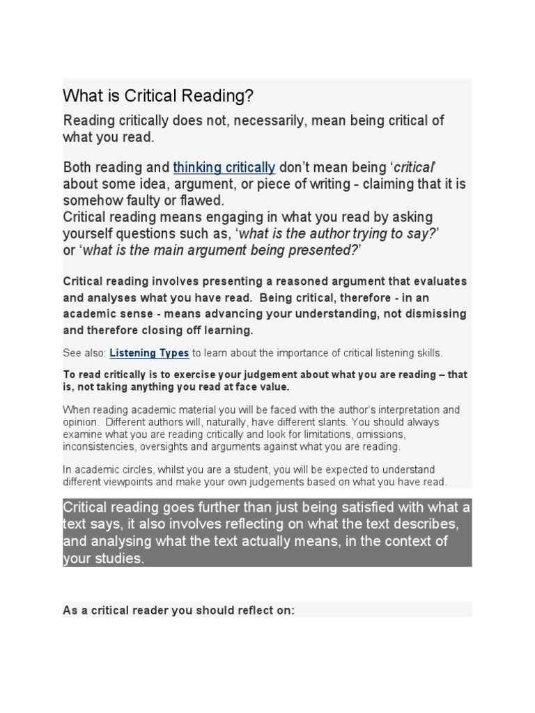 Understanding Critical Reading Techniques | PDF | Speed Reading | Thought