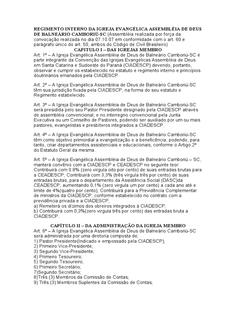 Regimento Interno da Assembleia de Deus BC | PDF | Igreja católica | Igreja cristã