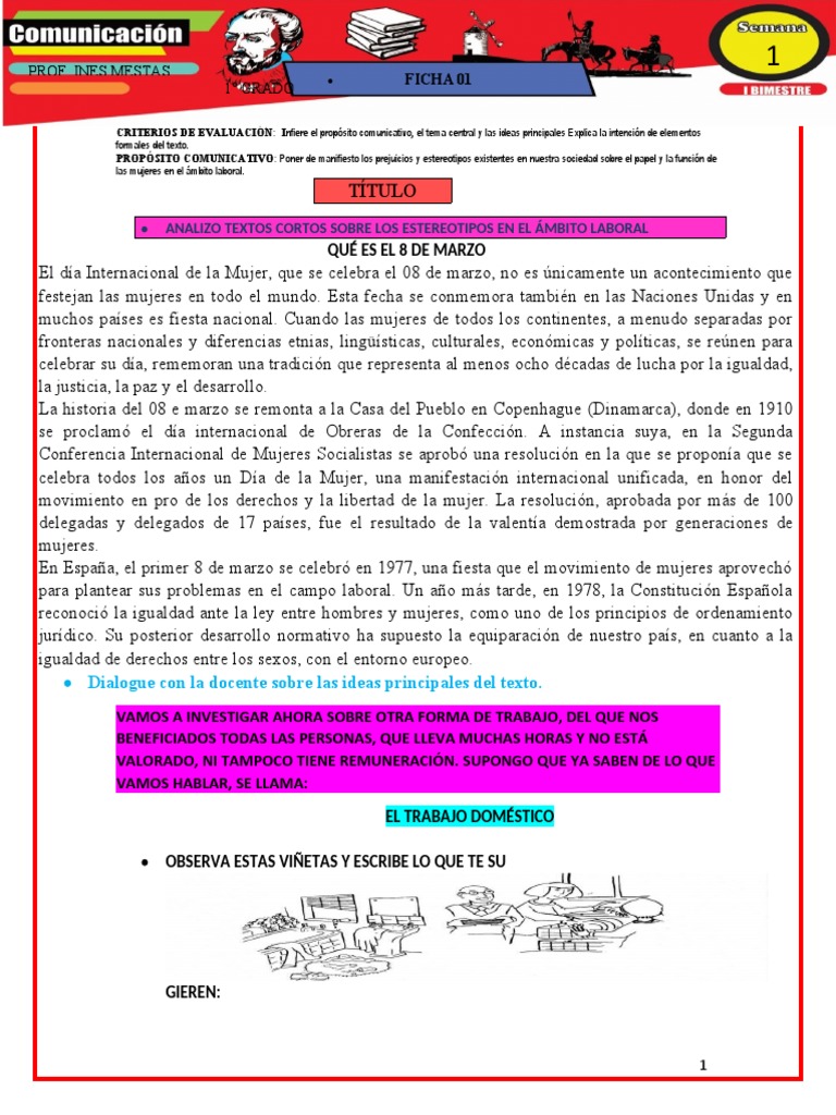 Ficha 1. Lectura Sobre La Mujer en El Ámbito Laboral 1ro de Sec. 2023 | Descargar gratis PDF ...