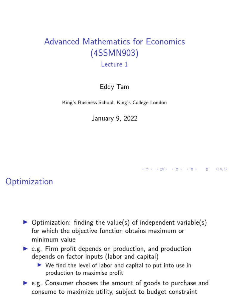 Lecture 1 Introduction To Optimization In Economics Pdf Mathematical Optimization