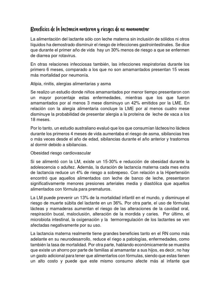 Beneficios De La Lactancia Materna Y Riesgos De No Amamantar Pdf Amamantamiento Medicina