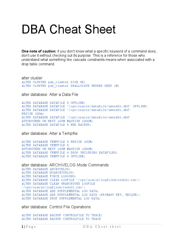 Oracle DBA Cheat Sheet Overview | PDF | Database Index | Computing