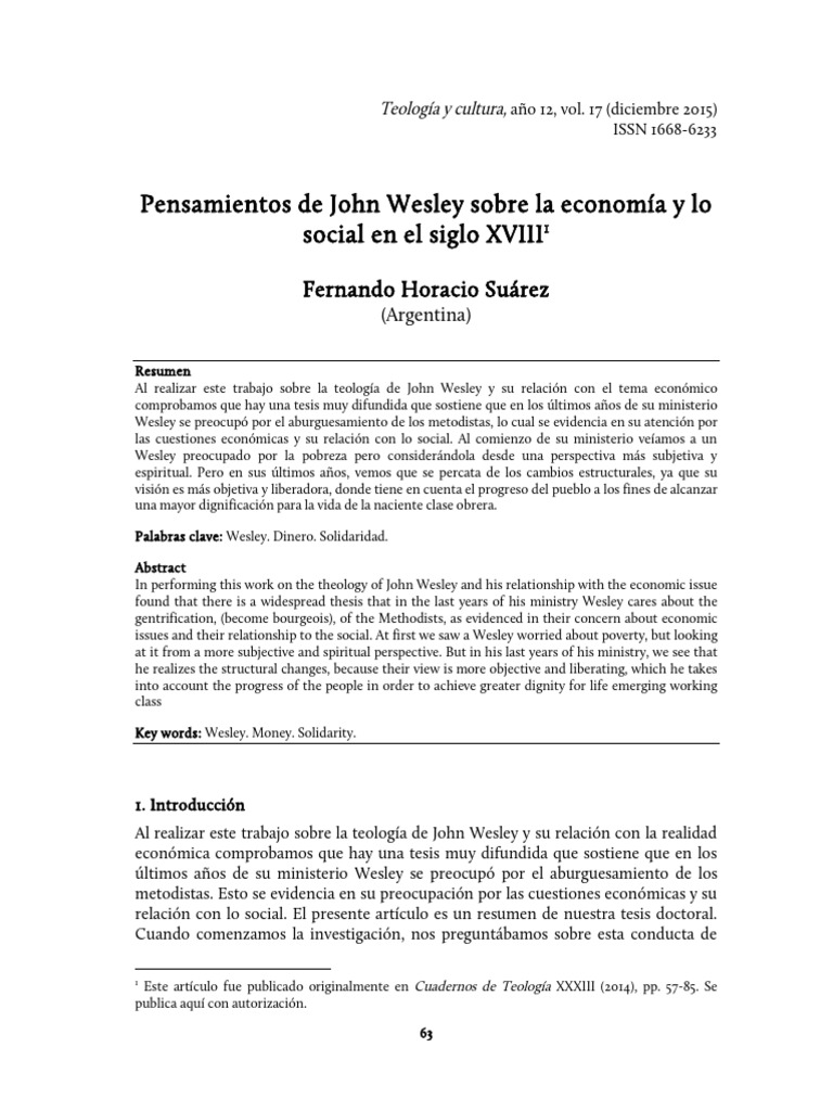 SUÁREZ, Fernando Horacio. Pensamientos de John Wesley sobre la economía y lo social en el siglo ...