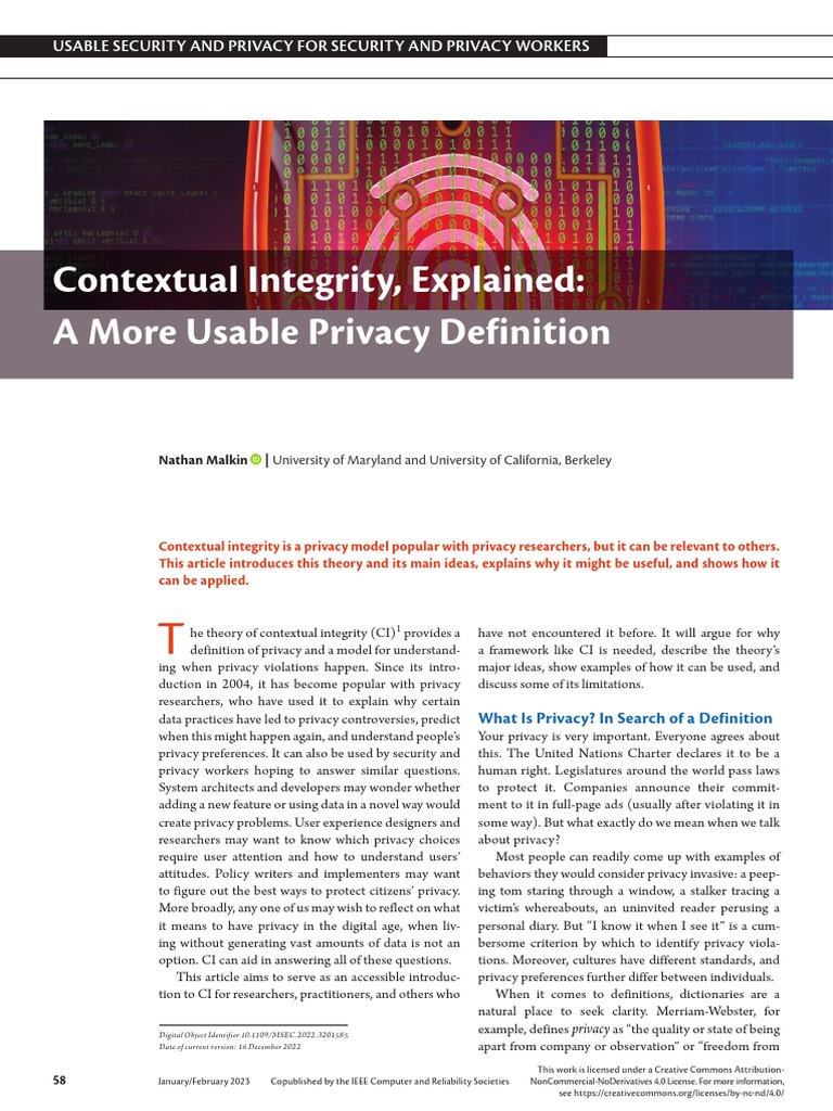 Contextual Integrity, Explained: A More Usable Privacy Definition | PDF | Privacy | Information