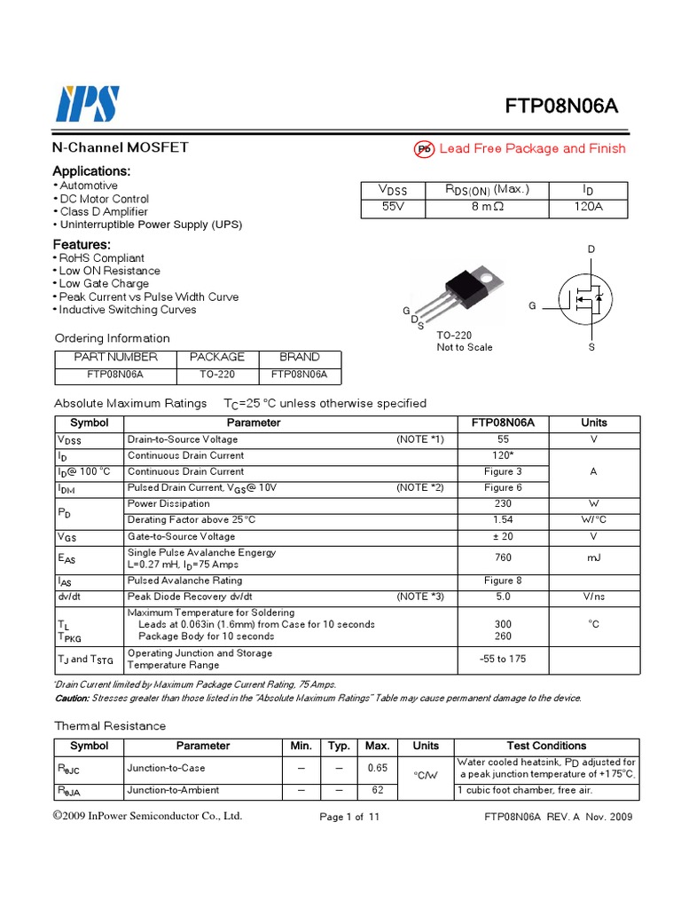 FTP08N06A | PDF | Field Effect Transistor | Diode