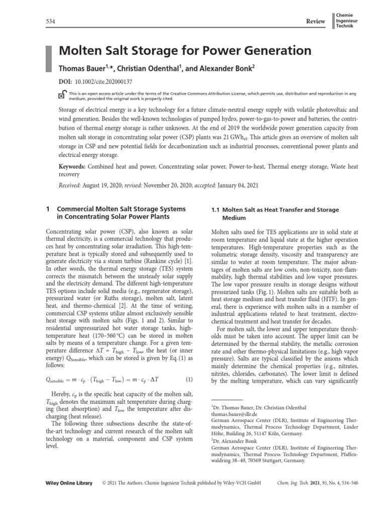Chemie Ingenieur Technik - 2021 - Bauer - Molten Salt Storage For Power Generation | PDF | Solar ...
