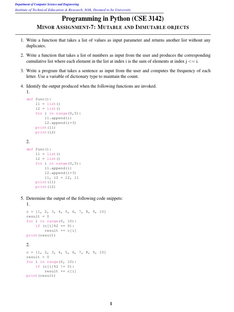 Minor Assignment 7 Mutable And Immutable Objects Pdf Computer