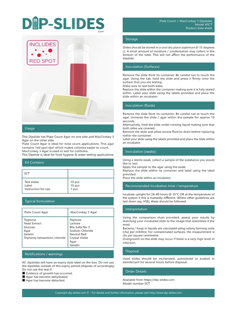 Storage: Plate Count + Macconkey 3 Dipslides Model #SCT Product Data Sheet | PDF | Microbiology ...