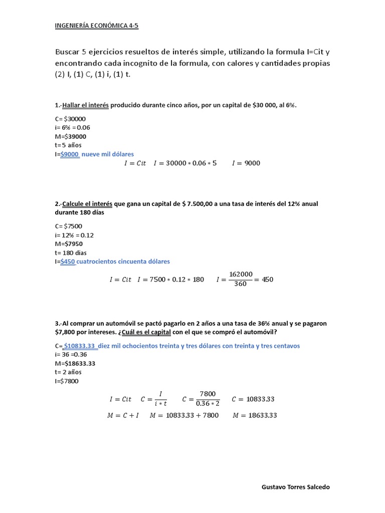 Ejercicios Resueltos de Interés Simple | PDF