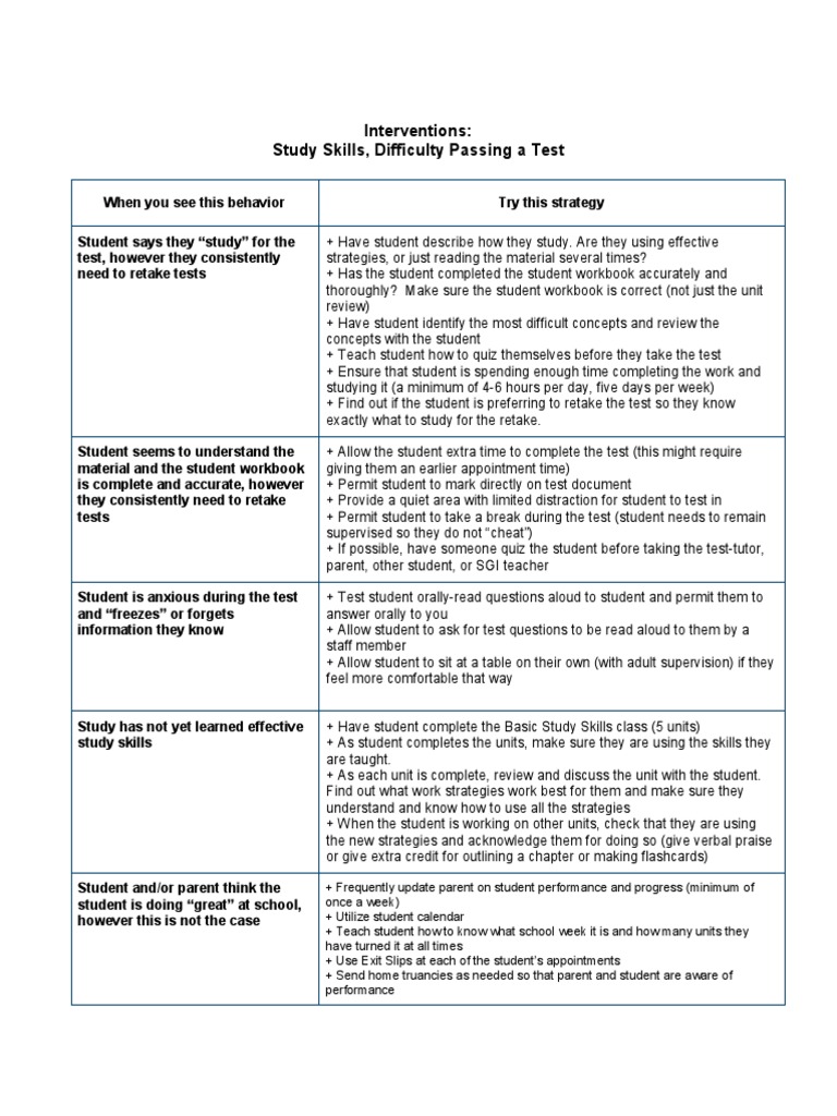 interventions-study skills | PDF | Study Skills | Multiple Choice