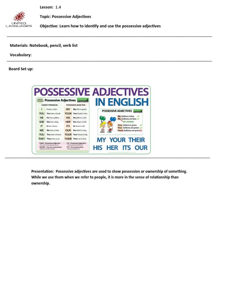 Understanding Possessive Adjectives | PDF | Language Arts & Discipline