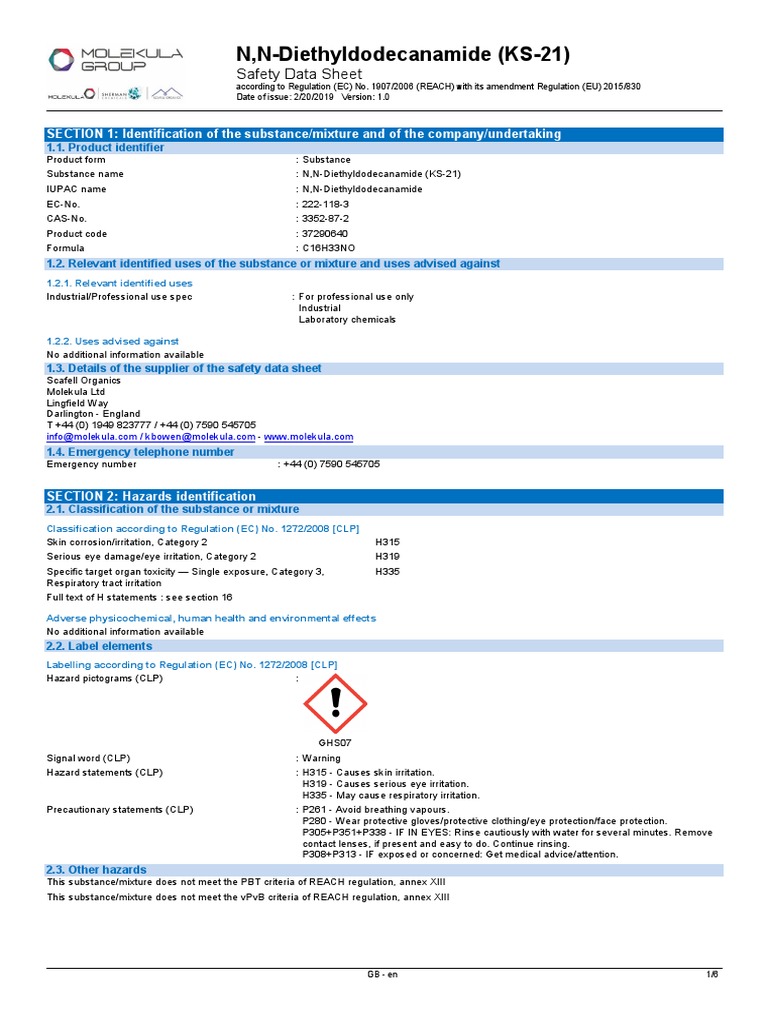 Safety Data Sheet - EN - (37290640) N, N-DIETHYLDODECANAMIDE (KS-21) (3352-87-2) | PDF ...