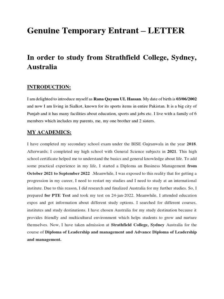 Genuine Temporary Entrant - LETTER: in Order To Study From Strathfield ...