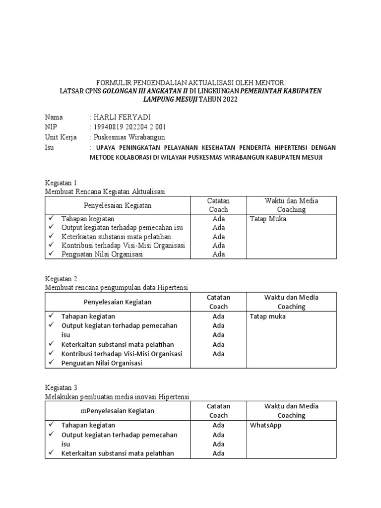 Formulir Pengendalian Aktualisasi Oleh Coach | PDF