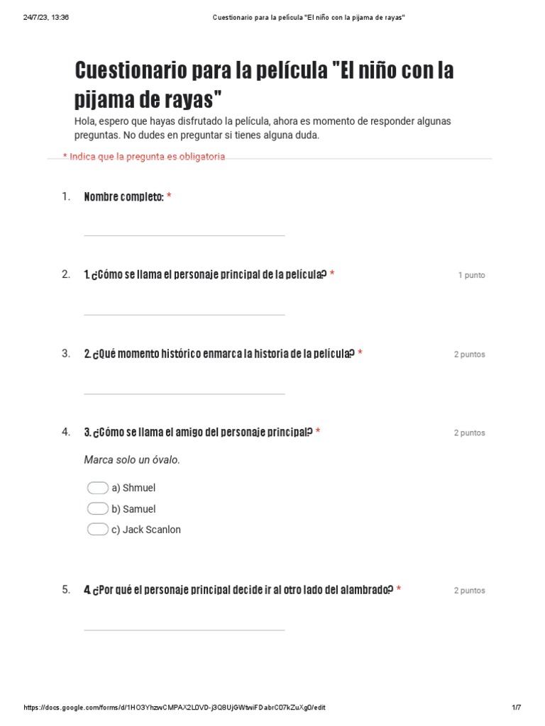 Cuestionario para La Película - El Niño Con La Pijama de Rayas | PDF