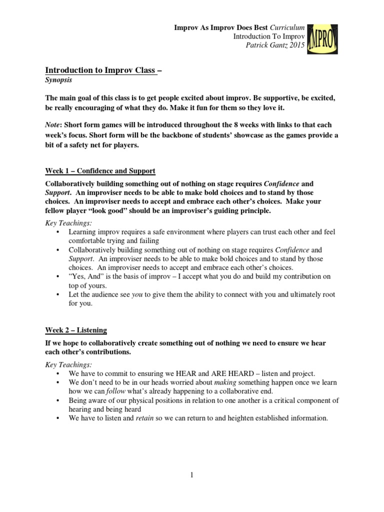 Introduction to Improv Class Curriculum | PDF | Improvisational Theatre ...