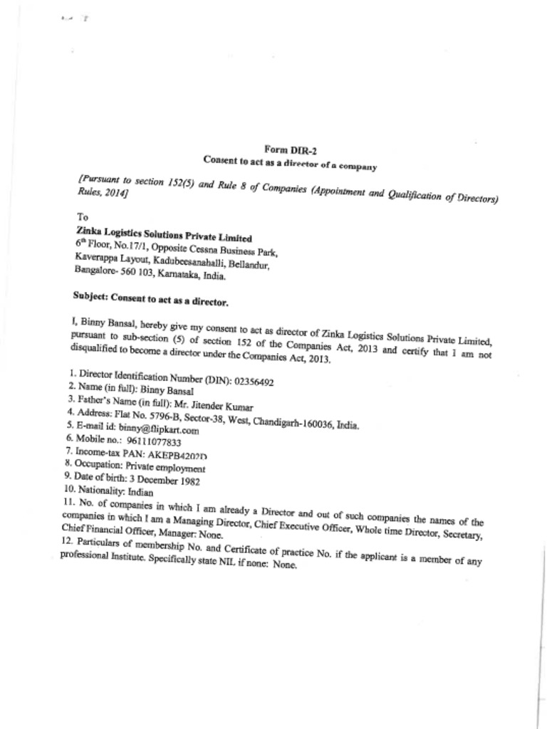 Declaration of The Appointee Director, Managing Director, in Form No ...