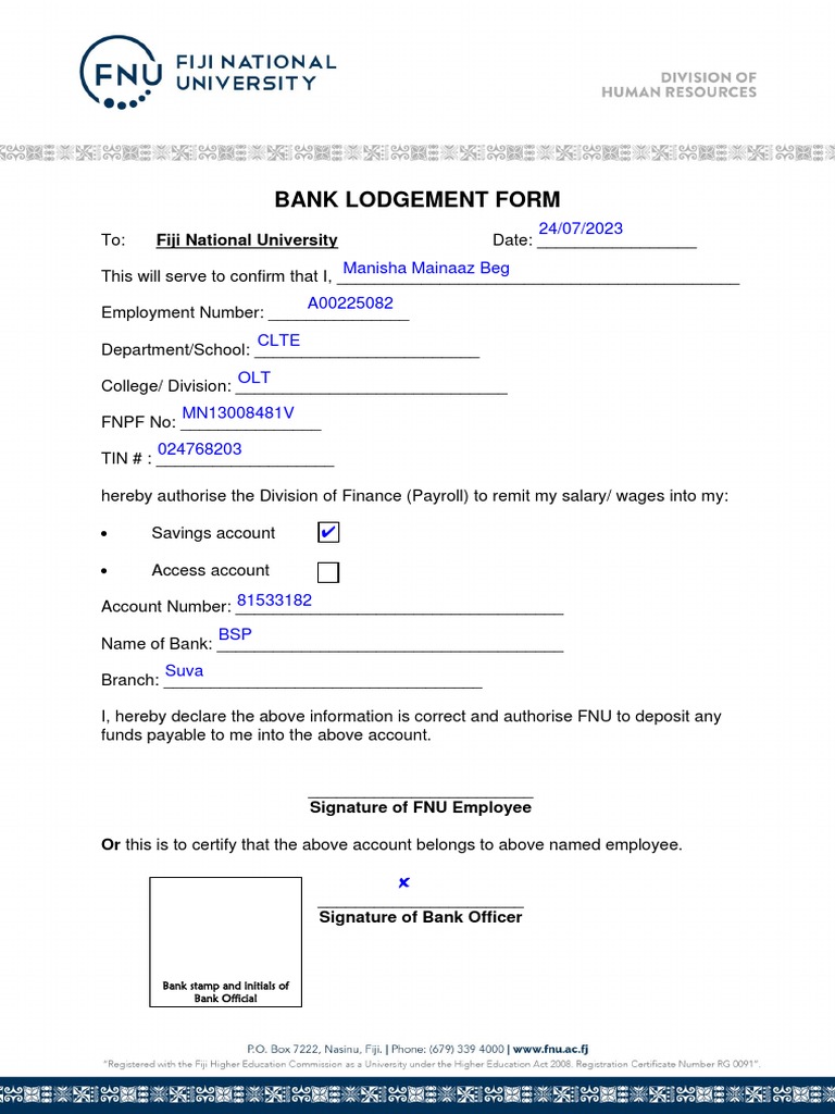 Bank Lodgement Form | PDF
