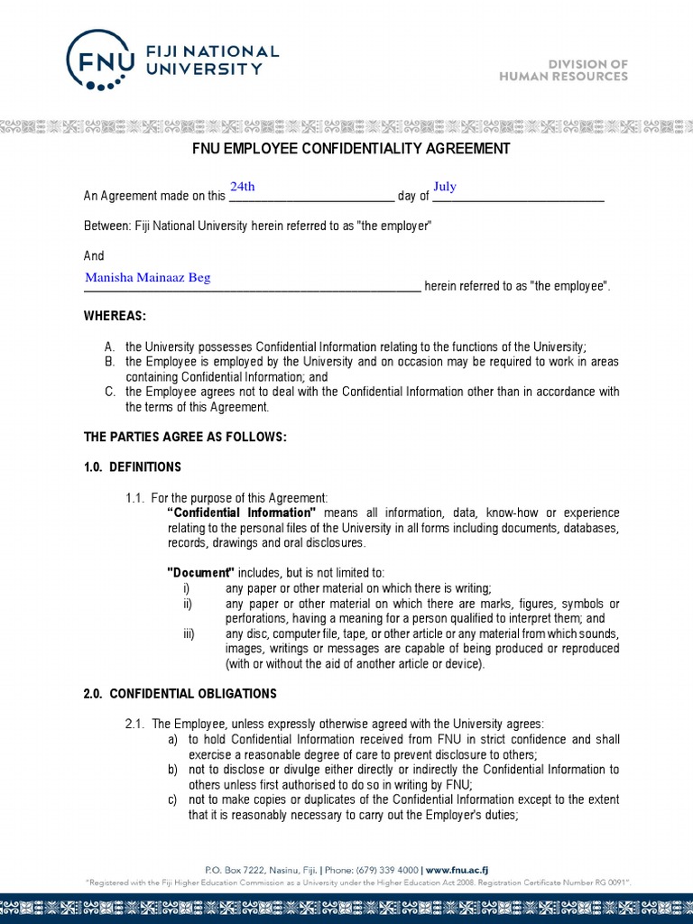 FNU Employee Confidentiality Agreement Editable | PDF | Confidentiality ...