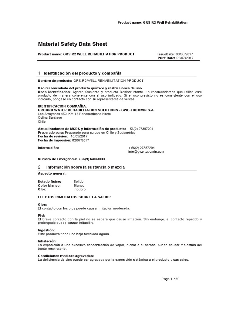 Ficha Técnica GRS-R2 Msds | Descargar gratis PDF | Seguridad y salud ocupacional | Química