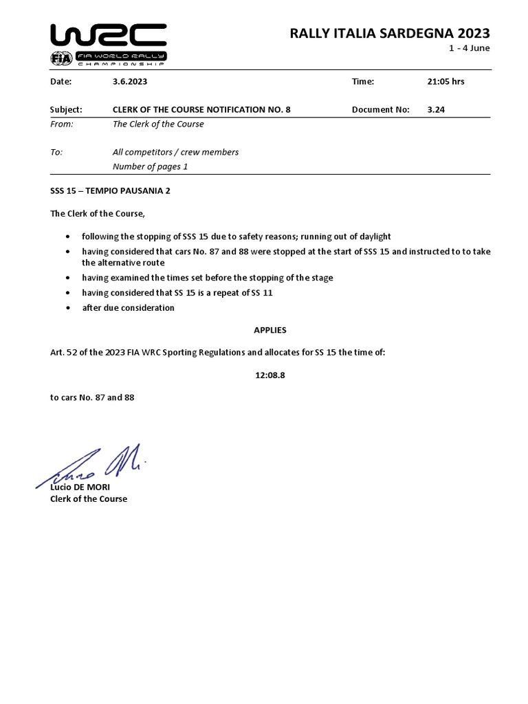 Rally Italy 2023 COC Notification 8 | PDF