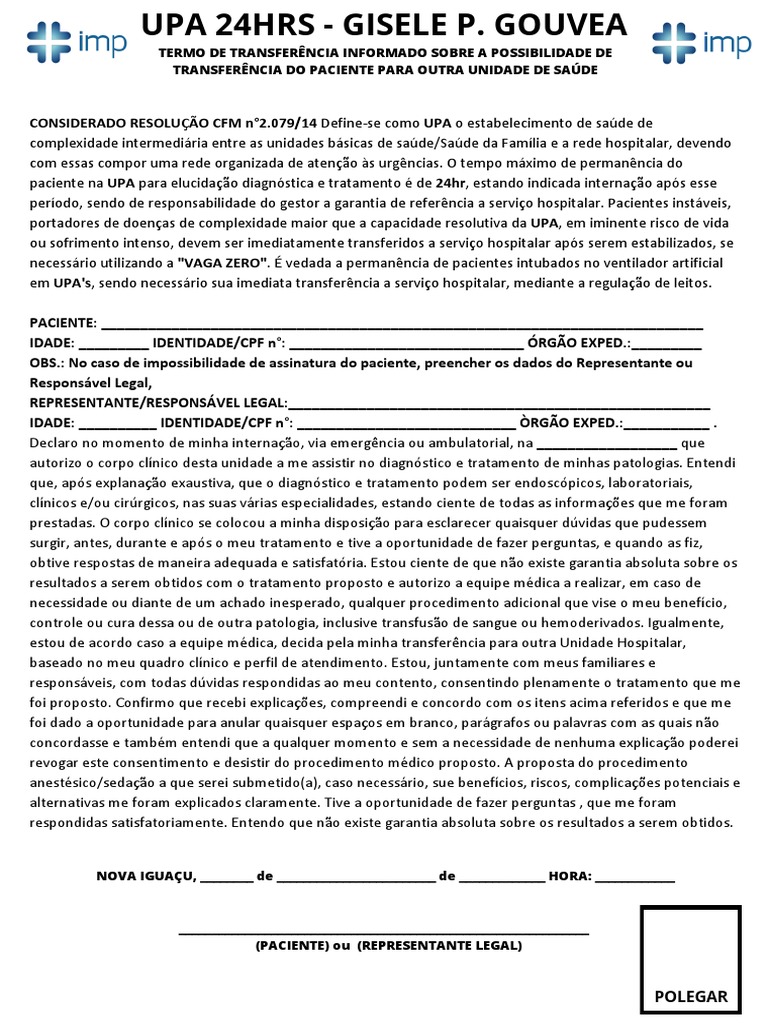 TERMO DE TRANSFERÊNCIA INFORMADO SOBRE A POSSIBILIDADE DE TRANSFERÊNCIA ...