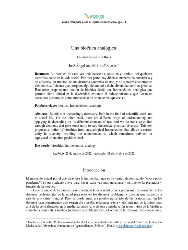 Ángel Del Moral, "Una Bioética Analógica", en Wirapuru (Santiago), Año 3, No. 6 (Jul.-Dic. 2022 ...