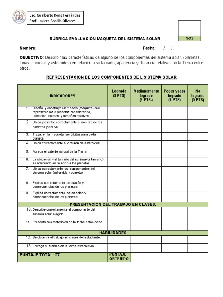 Rúbrica Evaluación Maqueta Del Sistema Solar | PDF