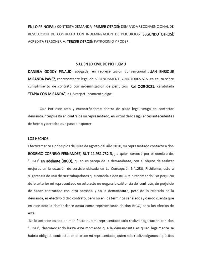 Contesta Demanda de Cumplimiento de Contrato:demanda Recon de Termino ...
