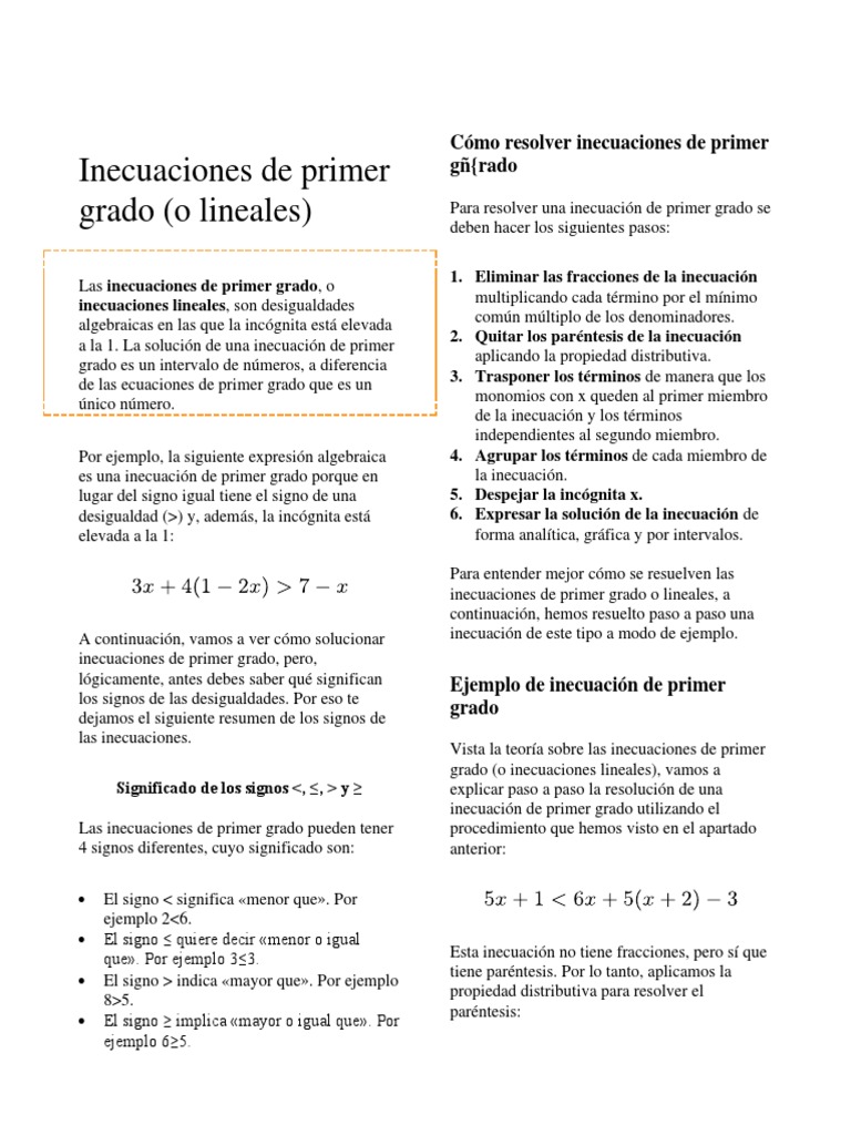 Inecuaciones de Primer Grado (O Lineales) | PDF | Ecuaciones | Linealidad