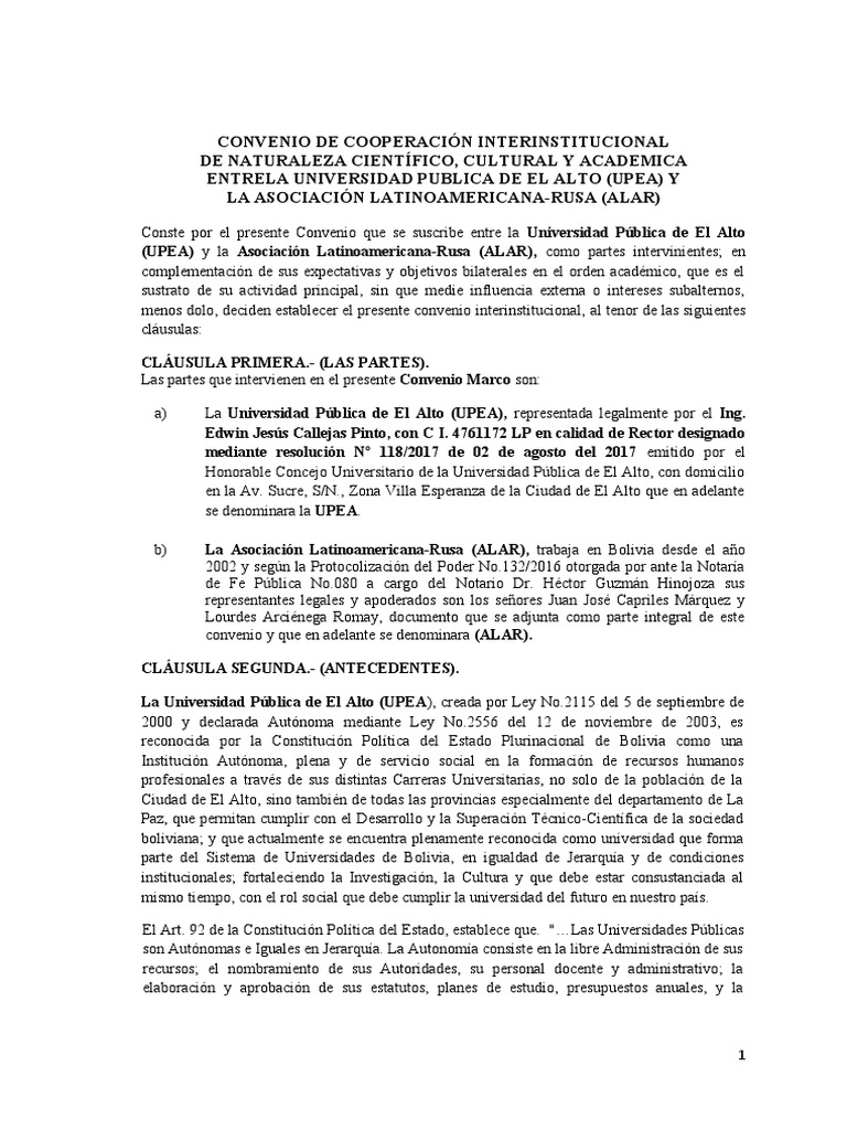 Convenio Académico UPEA-ALAR | PDF | Bolivia | Universidad