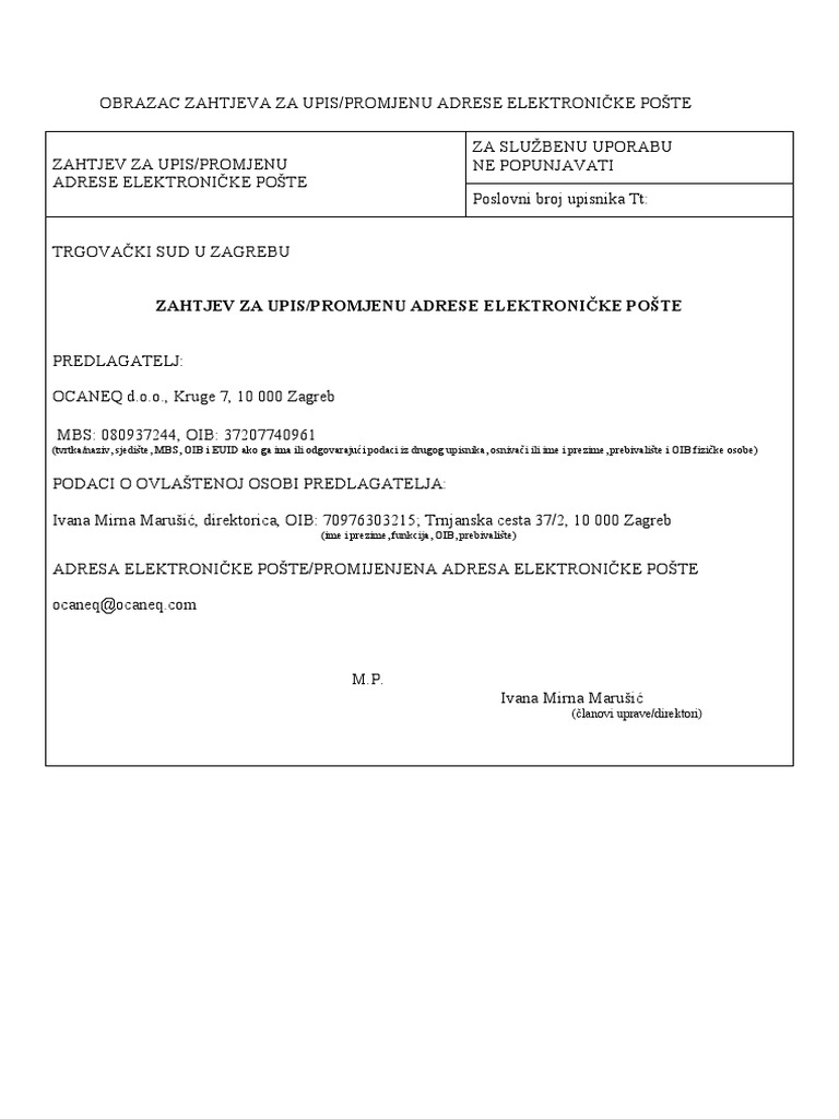 Obrazac Zahtjeva Za Upis Elektronicke Poste Sudski Registar | PDF