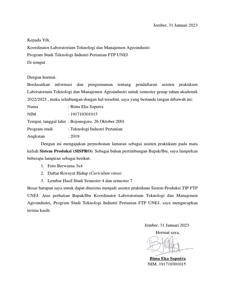 Surat Lamaran Asisten Praktikum Bima Eka | PDF