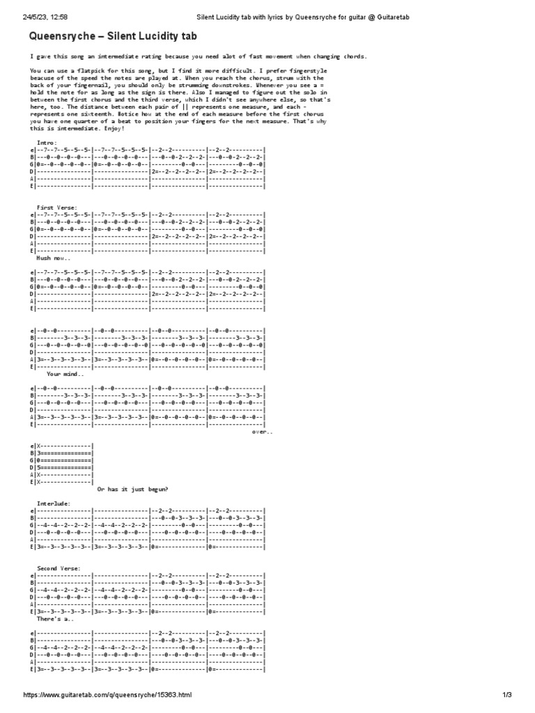 Silent Lucidity Tab With Lyrics by Queensryche For Guitar at Guitaretab | PDF | Song Structure ...