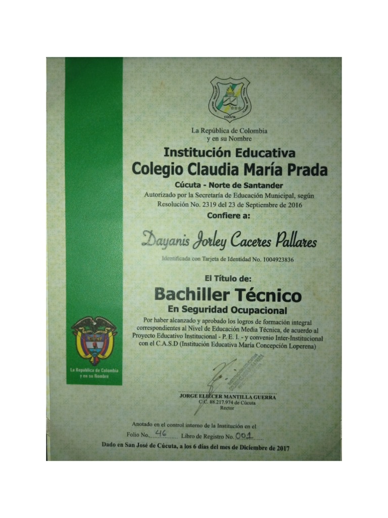 Diploma de Bachiller Colegio | PDF