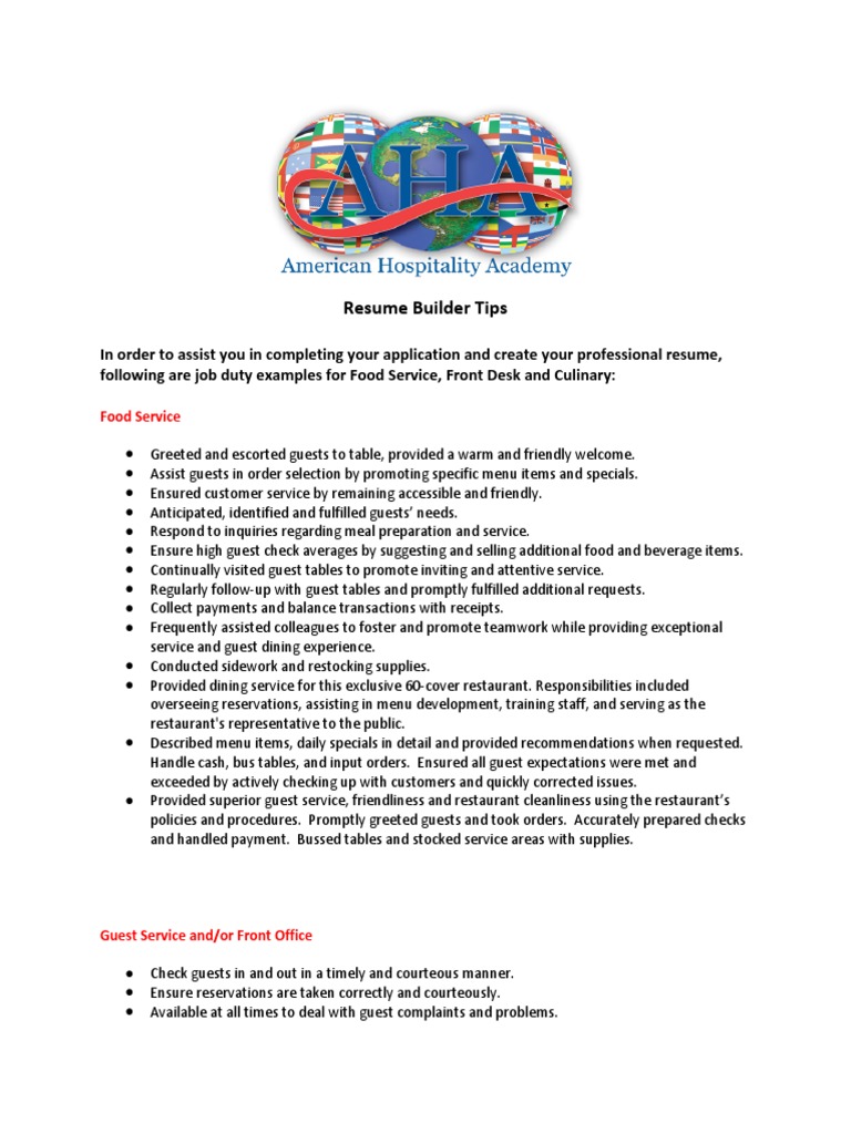 Job Duty Examples | PDF | Restaurants | Menu