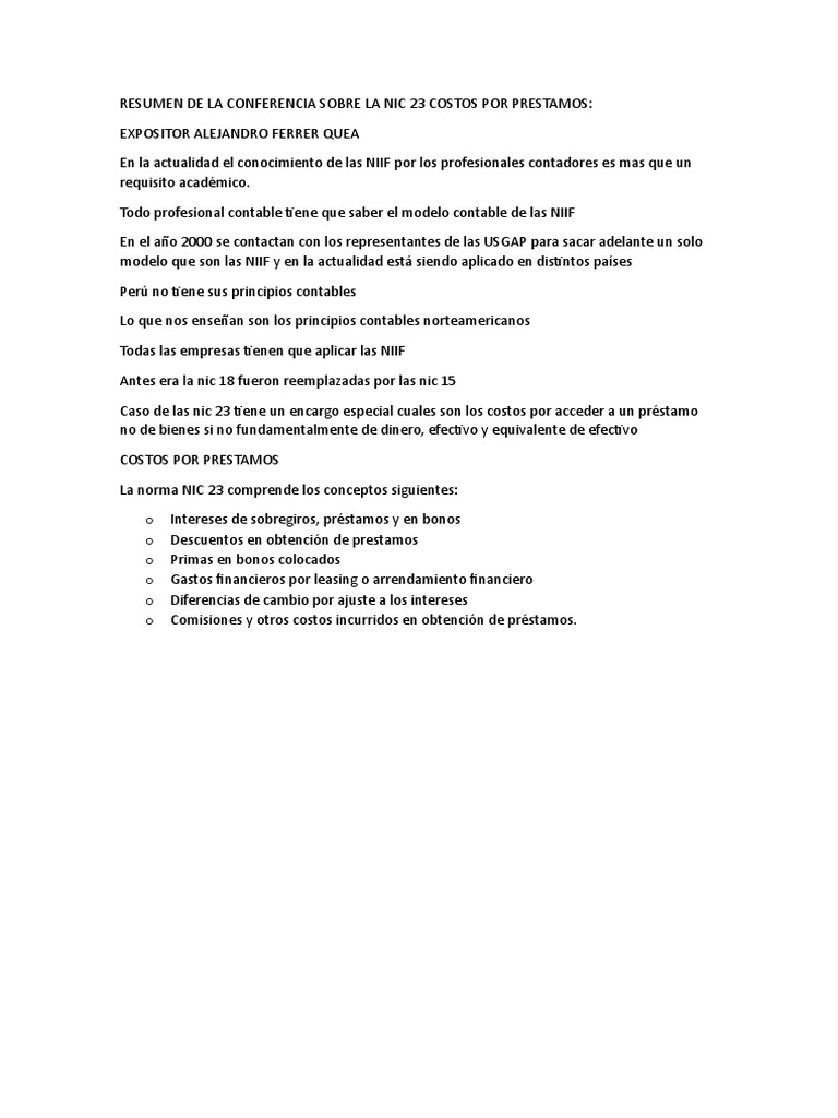 Resumen de La Conferencia Sobre La Nic 23 Costos Por Prestamos | PDF