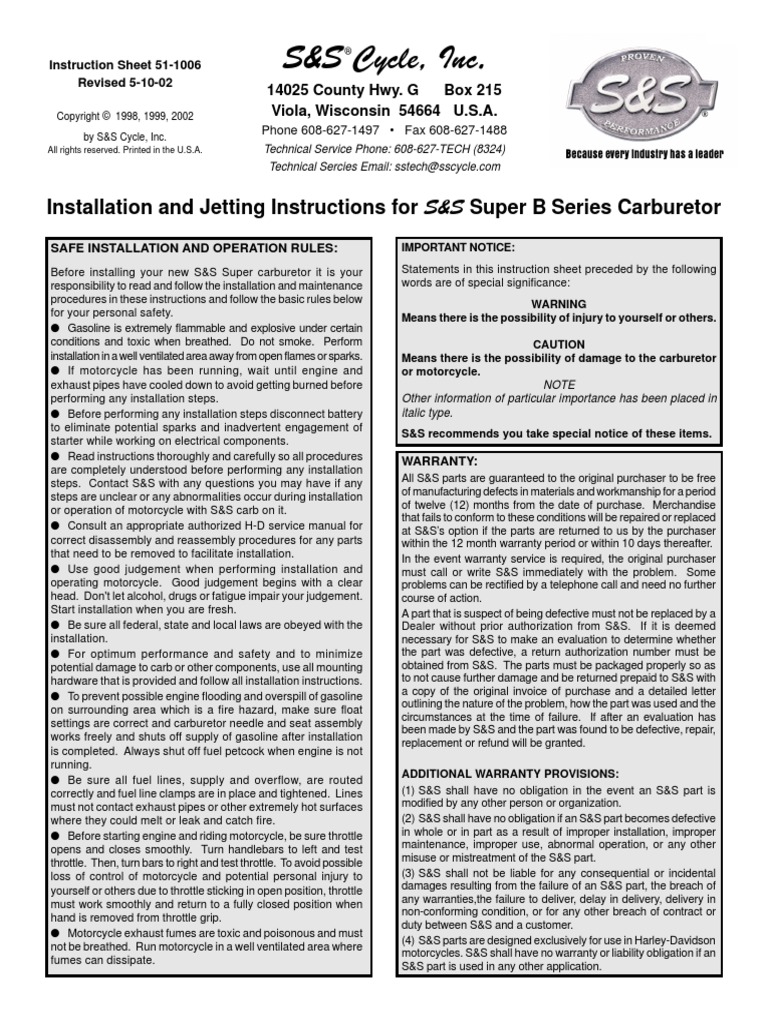 S&SCycle On JettingSuper (B) Series 51-1006 | PDF | Carburetor | Throttle