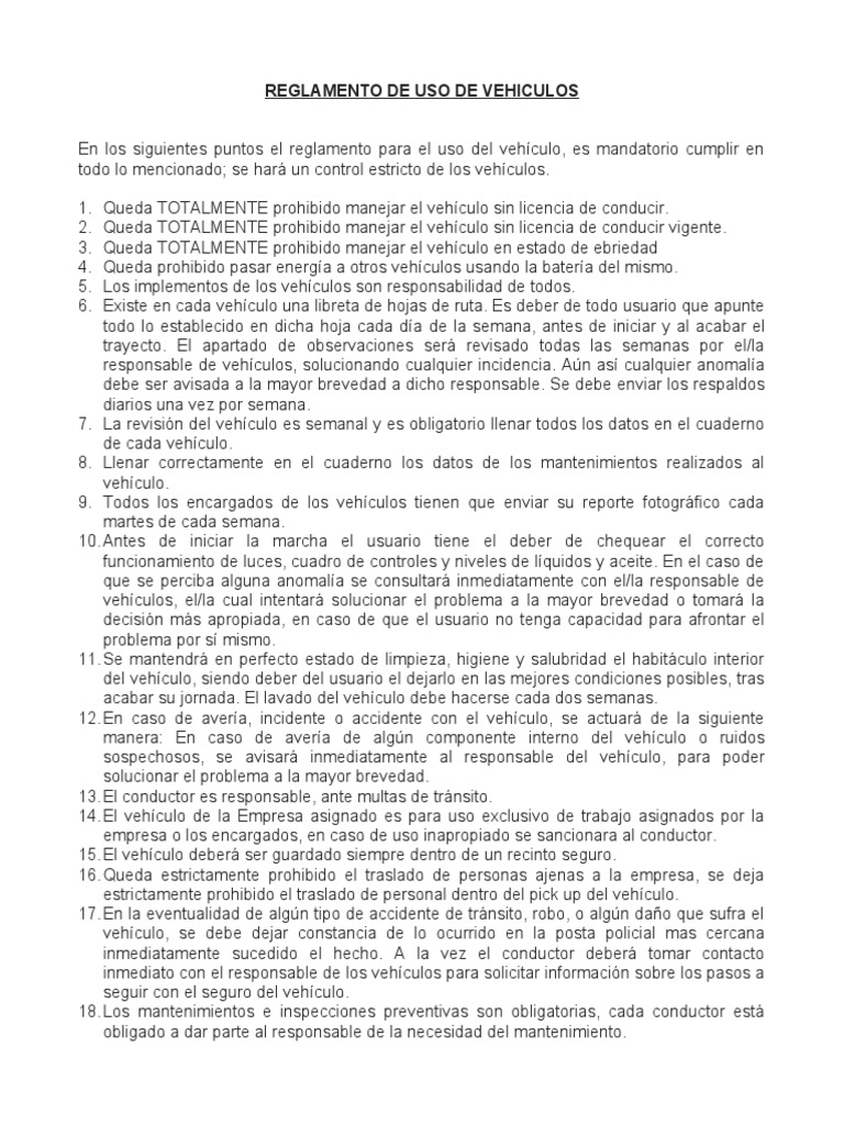 Reglamento para Uso de Vehículos | PDF