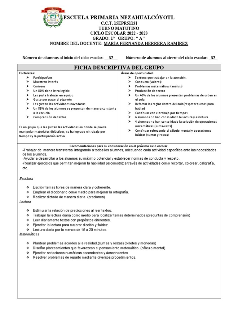 Fichas Descriptivas 1° | PDF | Educación primaria | Aprendizaje