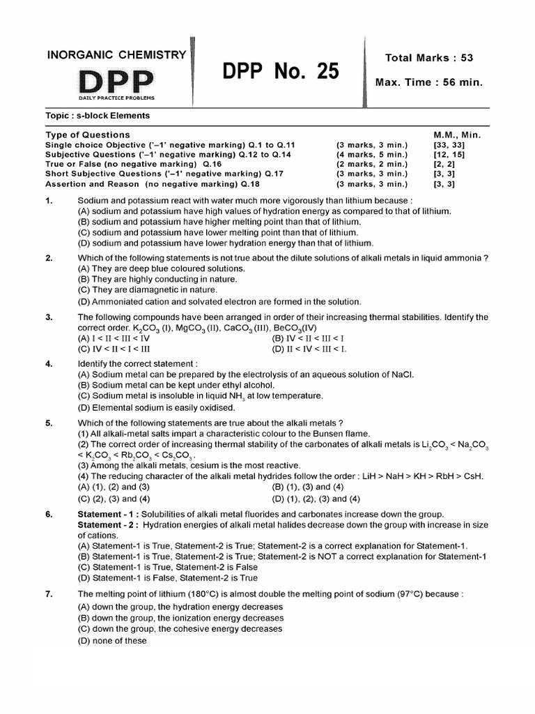 DPP No - 25 - S Block Elements | PDF