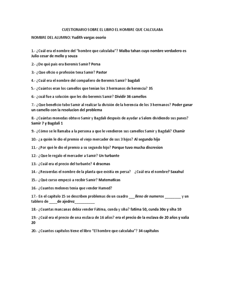 Cuestionario Sobre El Libro El Hombre Que Calculaba | PDF Cuestionario Sobre El Libro El Hombre Que Calculaba | PDF