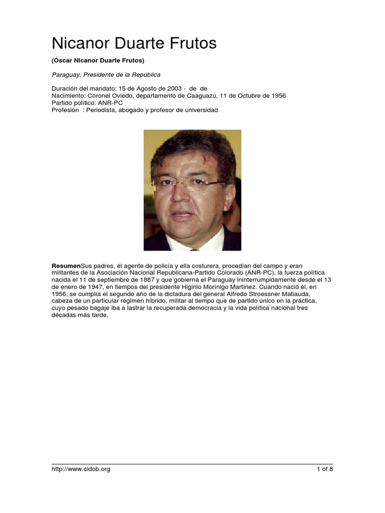 Nicanor Duarte Frutos: Paraguay, Presidente de La República | PDF ...