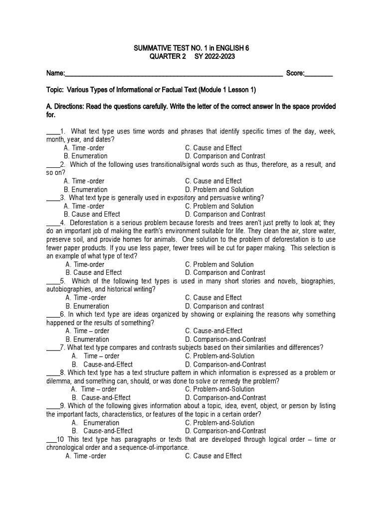English 6 Quarter 2 Summative Test No. 1 | PDF | Paragraph | Causality